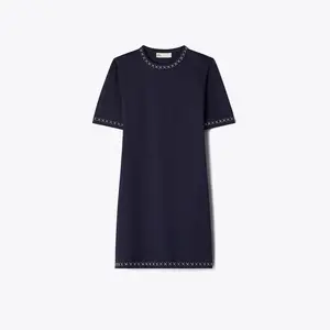 Tory Burch Embroidered Cotton T-shirt Dress - Medium Navy