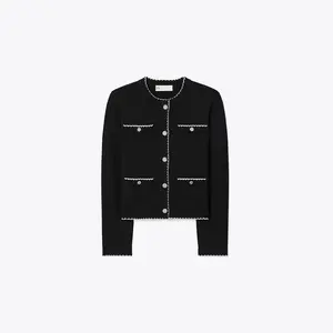 Tory Burch Tory Burch Kendra Wool Scalloped Cardigan Black/new Ivory