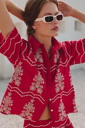 SNDYS. Clifton Embroidered Shirt Top - Red