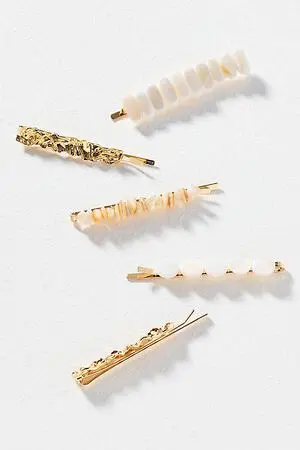 Anthropologie Set Of 5 Mermaid Hair Pins With Shells, Faux Pearls, And Natural Stones - Gold