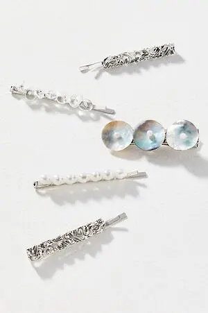 Anthropologie Set Of 5 Mermaid Hair Pins With Shells, Faux Pearls, And Natural Stones - Silver
