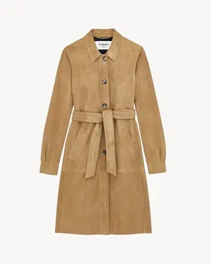 Saint Laurent Belted Coat In Suede - Tabac