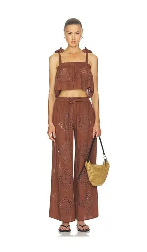 Tularosa Olivia Embroidered Linen Blend Cropped Top - Brown