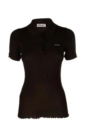 Miu Miu Ribbed Knit Polo Shirt With Button Detail - Multicolor