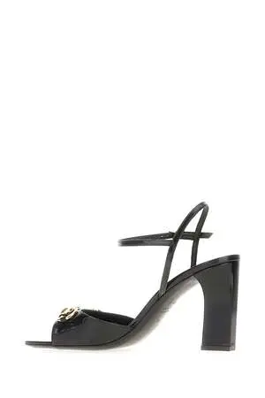 Gucci Black Patent Leather High Heel Sandals With Gold Tone Horsebit Detail - Multicolor
