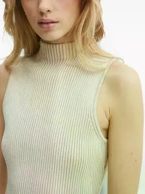 Guess Ribbed Knit High-neck Sleeveless Top With Logo Plaque
