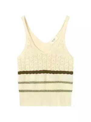 RETORI Knit Cotton Top With Floral Stitch Pattern And Striped Hem