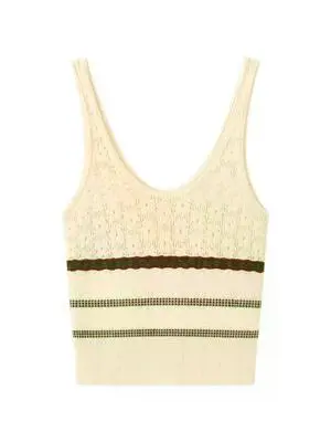 RETORI Knit Cotton Top With Floral Stitch Pattern And Striped Hem