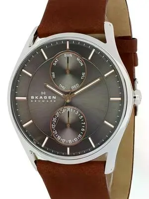 Skagen Holst Leather Watch With Day And Date Sub-dials