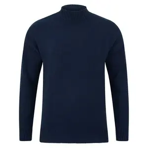 PAUL JAMES KNITWEAR Midweight Organic Cotton Linen Mock Neck Gansey Jumper - Blue