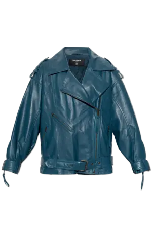 Balmain Leather Jacket With Belt - Blue