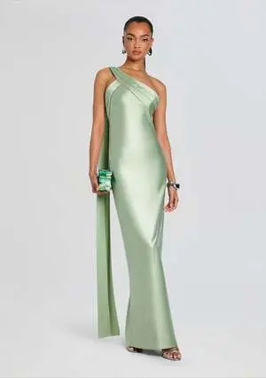 Retrofete Sirocco One-shoulder Gown With Sash - Matcha