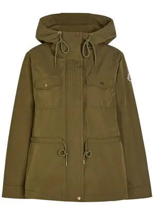 Moncler Serin Hooded Drawstring Waxed Poplin Parka Jacket - Olive