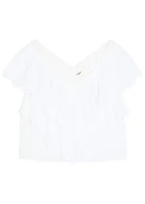 Chloé Embroidered Ruffled Cotton Cropped Top - White