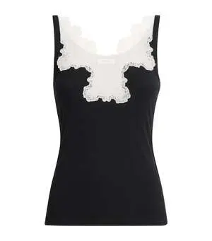 Sandro Ribbed Lace-trim Tank Top - Black