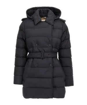 Burberry Double Breasted Belted Hooded Down Coat - Black