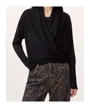 ALLSAINTS Draped Knit Wrap Top With Long Sleeves - Black