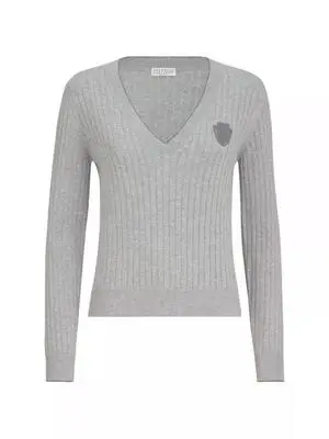 Brunello Cucinelli Cotton Ribbed Sweater With Logo - Grey