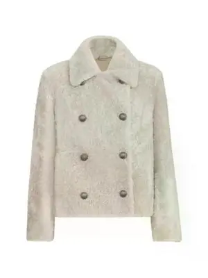 Brunello Cucinelli Fuzzy Shearling Double Breasted Pea Coat - Neutrals
