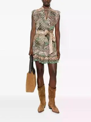 Farm Rio Dotted Foliage Ruffled Sleeve Mini Dress - Green