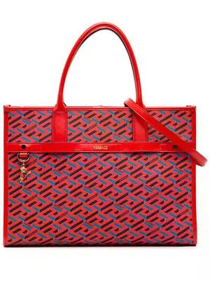 Versace 2000-2026 Multicolor Coated Canvas La Greca Tote Satchel - Red