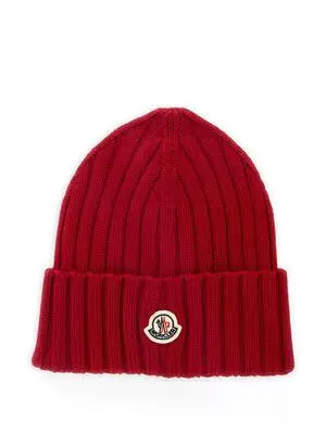 Moncler Logo Patch Ribbed Knit Beanie - Red