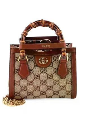Gucci Diana Nm Bamboo Handle Crystal Embellished Gg Canvas Mini Tote Bag - Brown