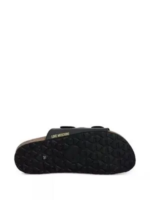 Moschino Heart Buckle Leather Slides - Black