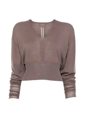 Rick Owens Long-sleeve Virgin Wool V-neck Top With Ribbed Hem