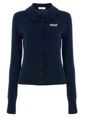 Chloé Wool Cardigan With Guipure Trim And Contrast Logo - Blu
