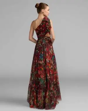 Mac Duggal One Shoulder Floral Printed Chiffon Gown With Side Cut Out And Slit - Red