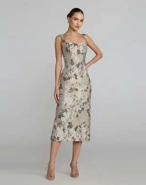 Mac Duggal Floral Square Neck Midi Dress - Silver