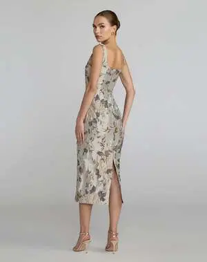 Mac Duggal Floral Square Neck Midi Dress