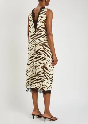 GANNI Printed Lace-trim Satin Midi Dress - White