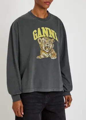 GANNI Printed Long Sleeve Cotton T-shirt - Black
