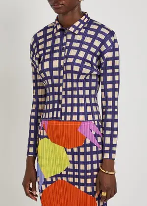 Issey Miyake Gingham Pleated Woven Shirt - Navy