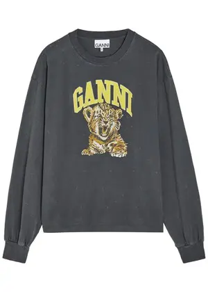 GANNI Printed Long-sleeve Cotton T-shirt - Black