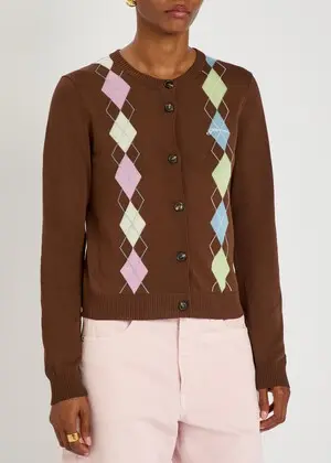 GANNI Argyle Cotton Cardigan With Logo Embroidery - Brown