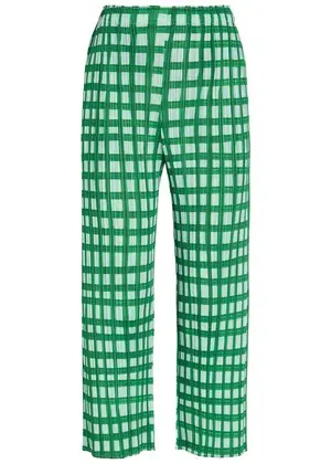Issey Miyake Gingham Pleated Straight-leg Woven Cropped Trousers - Green