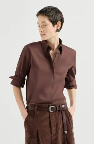 Brunello Cucinelli Stretch Cotton Poplin Shirt With Embellished Collar - Grape
