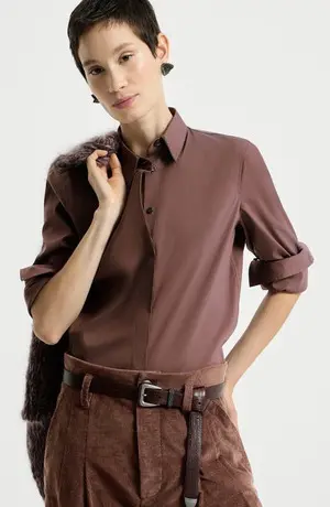 Brunello Cucinelli Stretch Cotton Poplin Shirt With Embellished Collar - Grape