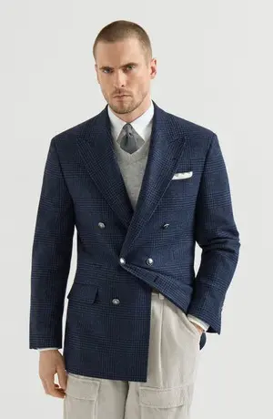 Brunello Cucinelli Comfort Wool And Cashmere Prince Of Wales Flannel One-and-a-half Breasted Tailor Blazer With Metal Buttons - Blue