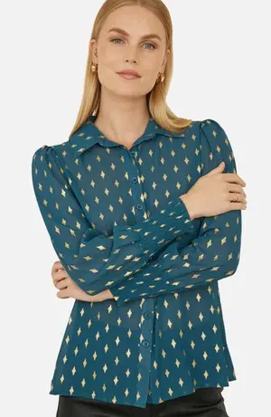 YUMI Diamond Foil Print Blouse With Ruched Cuffs
