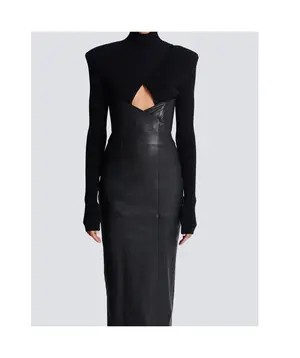 Balmain Long Knit And Lambskin Leather Dress