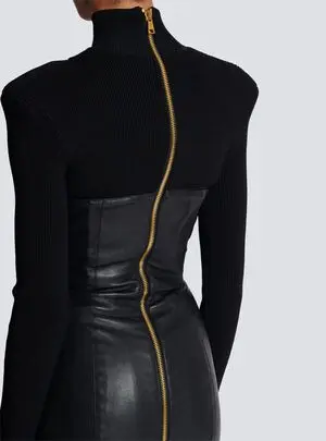 Balmain Long Knit And Lambskin Leather Dress