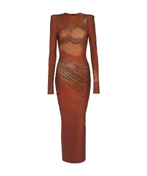 Balmain Printed Long Rhinestone Dress - Brown