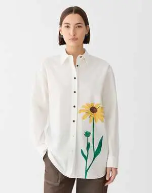 Lafayette 148 New York Floral Print Cotton Poplin Oversized Shirt - White Multi