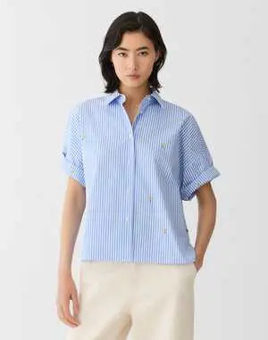 Lafayette 148 New York Stripe Cotton Ditsy Floral Embroidered Shirt - Blue Hydrangea Multi