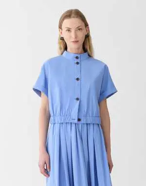 Lafayette 148 New York Travel Cotton Short Sleeve Cropped Jacket - Blue Hydrangea