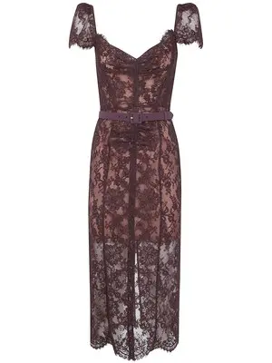SELF-PORTRAIT Dress Floral Lace Midi - Brown